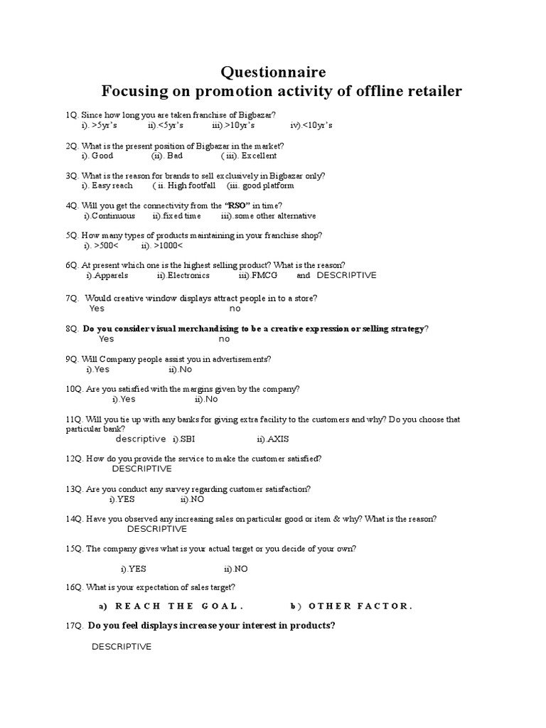 Questionnaire Focusing On Promotion Activity of Offline Retailer | PDF