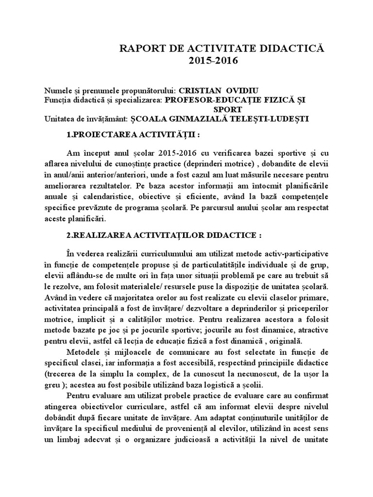 Model Raport Autoevaluare Educatie Fizica