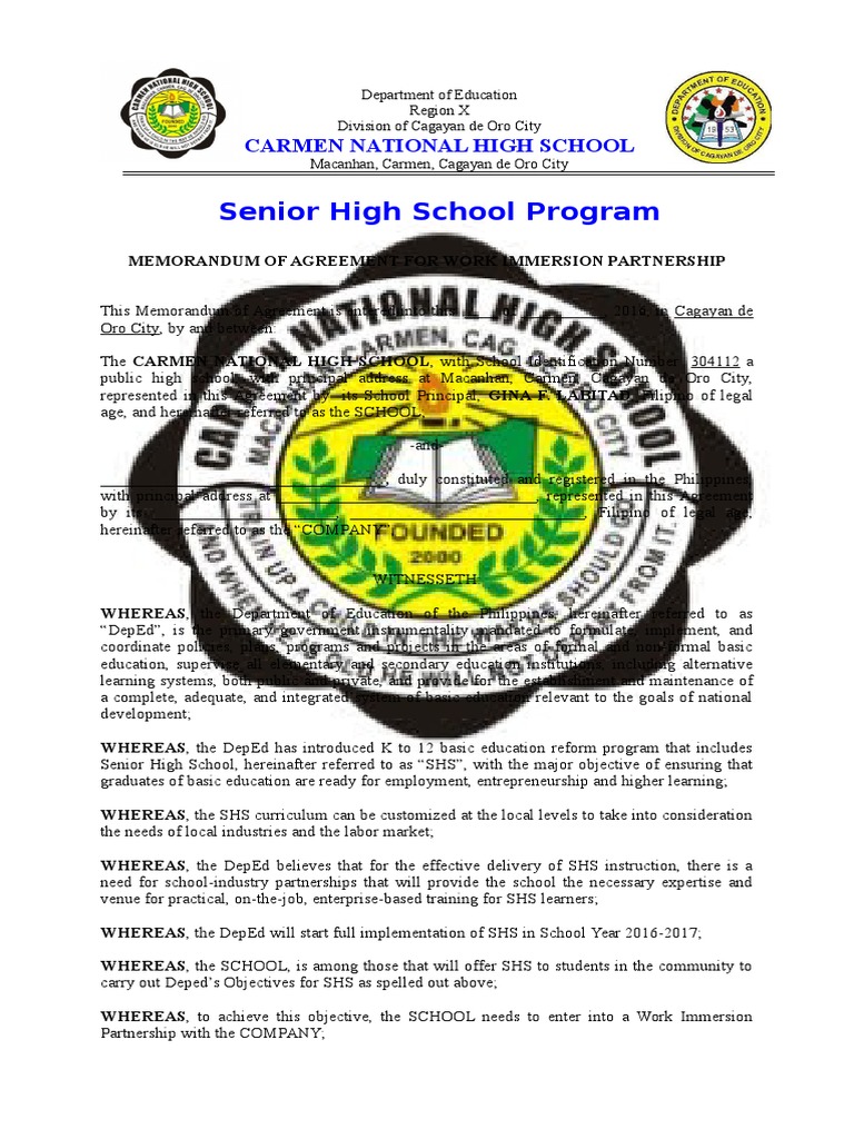 Shs Moa BLANK | PDF | Employment | Curriculum