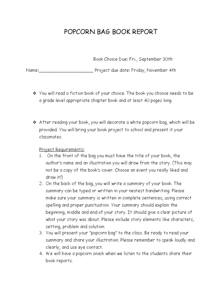 Popcorn Bag Book Report Guide | PDF