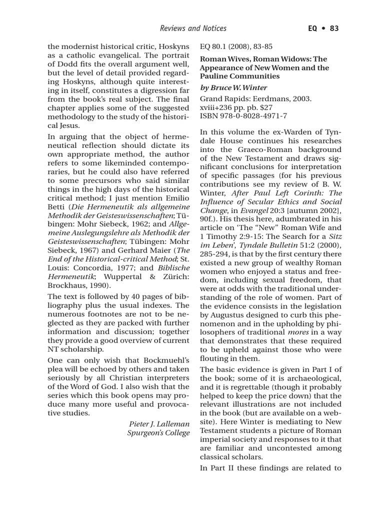 Review Winter, Bruce, Roman Wives Roman Widows | PDF | Gospel Of Mark ...