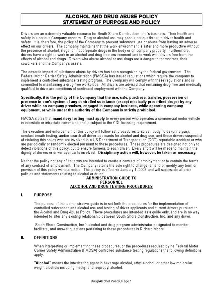 Alcohol & Drug Abuse Policy | PDF | Drug Test | Substance Abuse