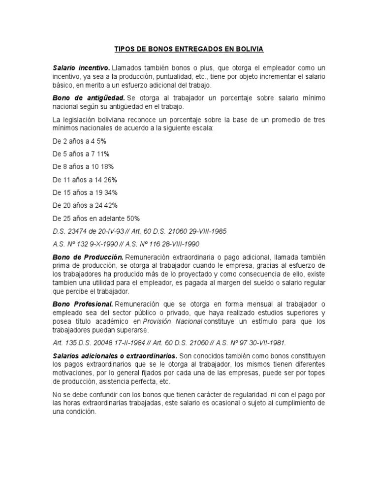 Tipos de Bonos Entregados en Bolivia | PDF | Salario | Compartir (Finanzas)