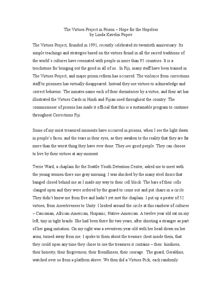 The Virtues Project in Prison (Linda Kavelin Popov) | PDF | Prison ...