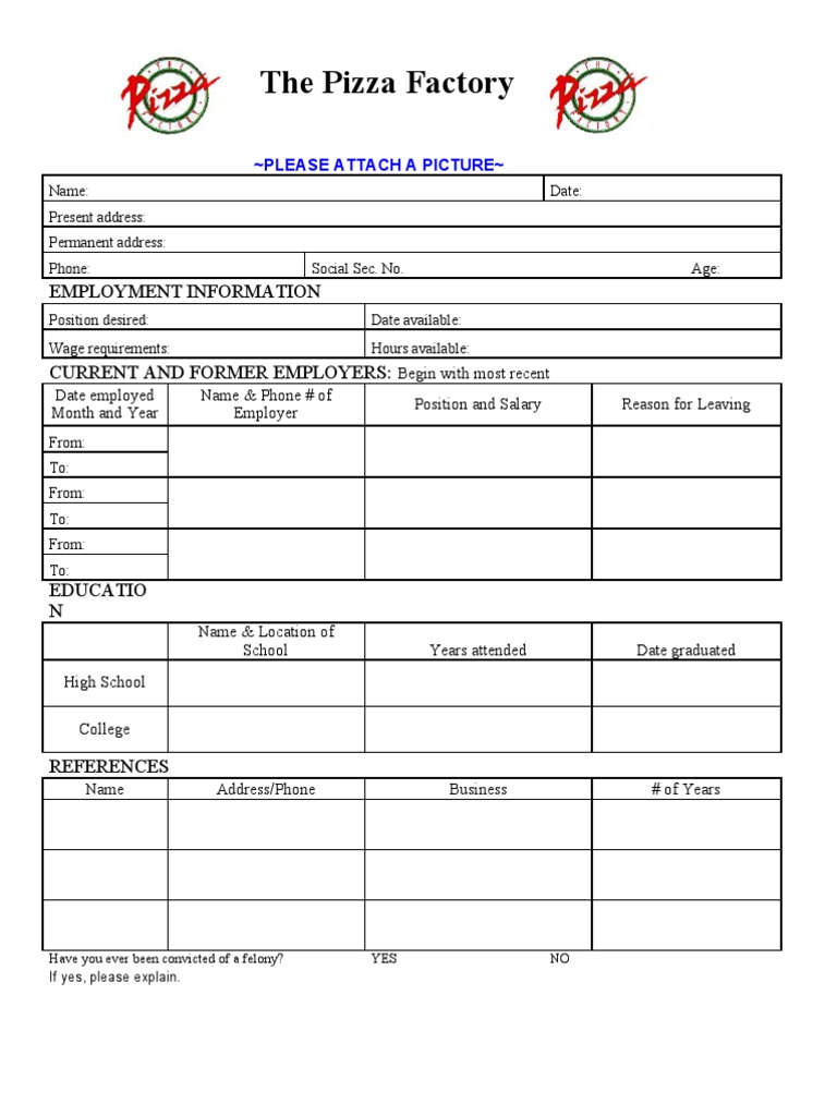 Pizza Factory Job Application Form | PDF