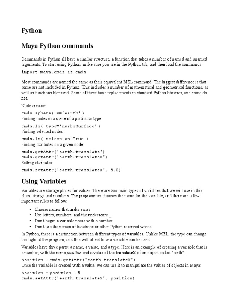 Maya Python | PDF | Variable (Computer Science) | Parameter (Computer Programming)