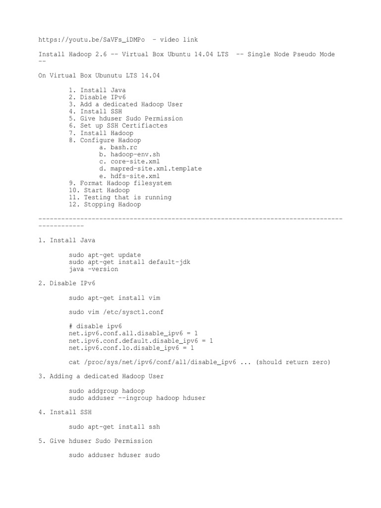 Installing Hadoop In Ubuntu In Virtual Box Instructions Pdf Apache Hadoop Sudo