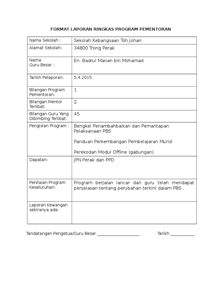 Format Laporan Ringkas Program Pementoran | PDF
