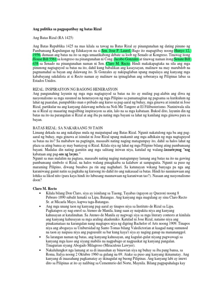 Ang Pulitika Sa Pagpapatibay NG Batas Rizal | PDF