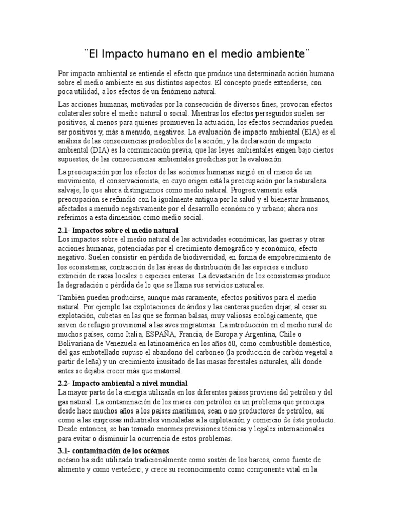 El Impacto Humano en El Medio Ambiente. | PDF | Degradación ambiental ...