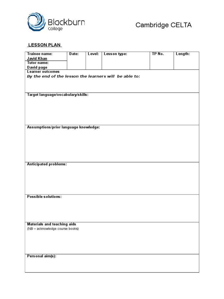 Lesson Plan Blank For CELTA | PDF | Career & Growth | Computers
