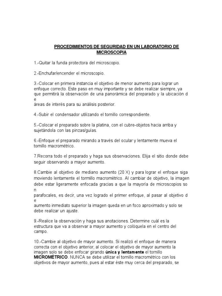 Seguridad en el uso del microscopio | PDF