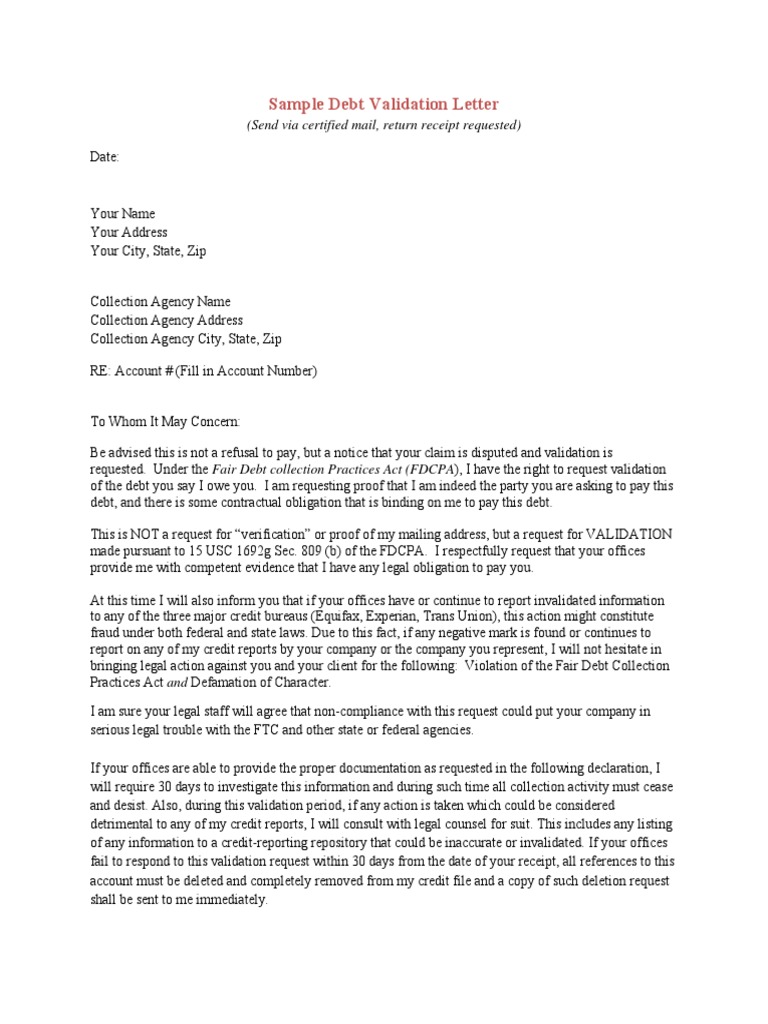 Sample Debt Validation Letter | PDF | Collection Agency | Government ...