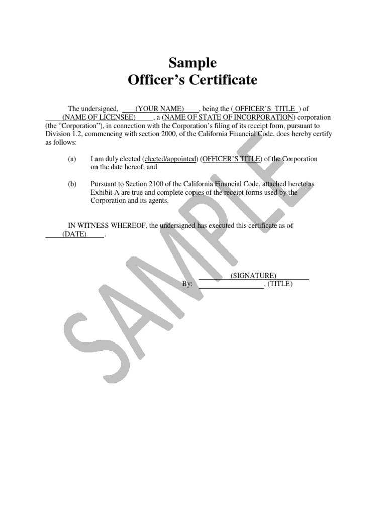 Sample Officer Certificate | PDF