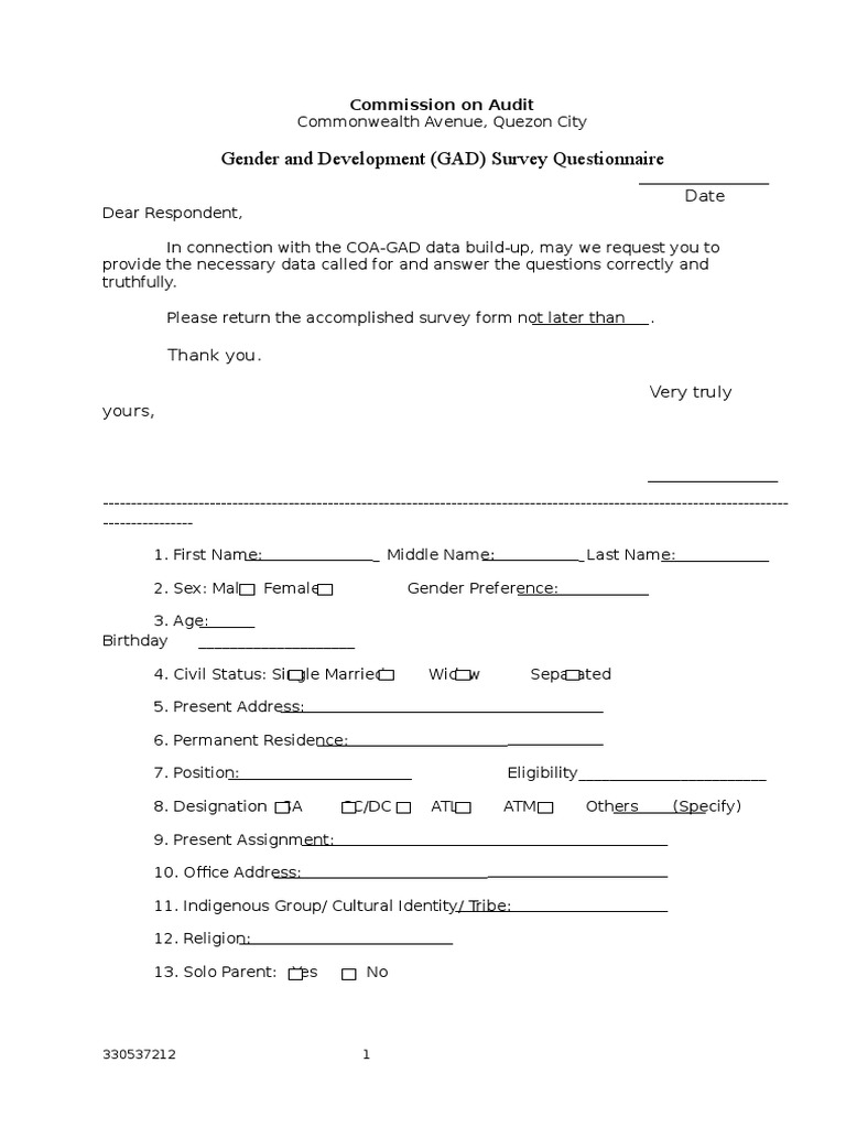 GAD Survey Questionnaire On Sexual Harassment | PDF | Gender | Gender ...