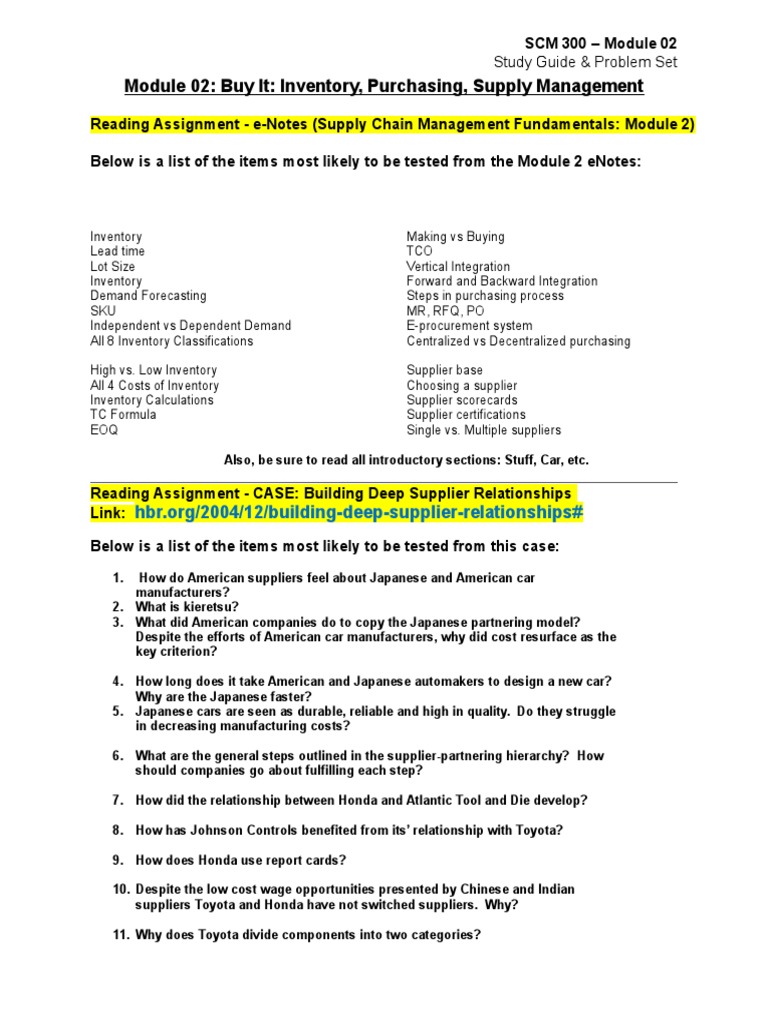 M02 StudyGuideProblemSet Fa16 | PDF | Inventory | Supply Chain