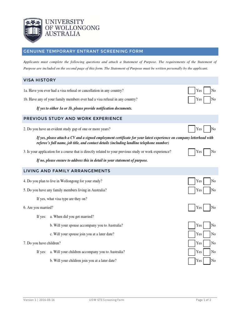 UOW Genuine Entrant Screening Form | PDF