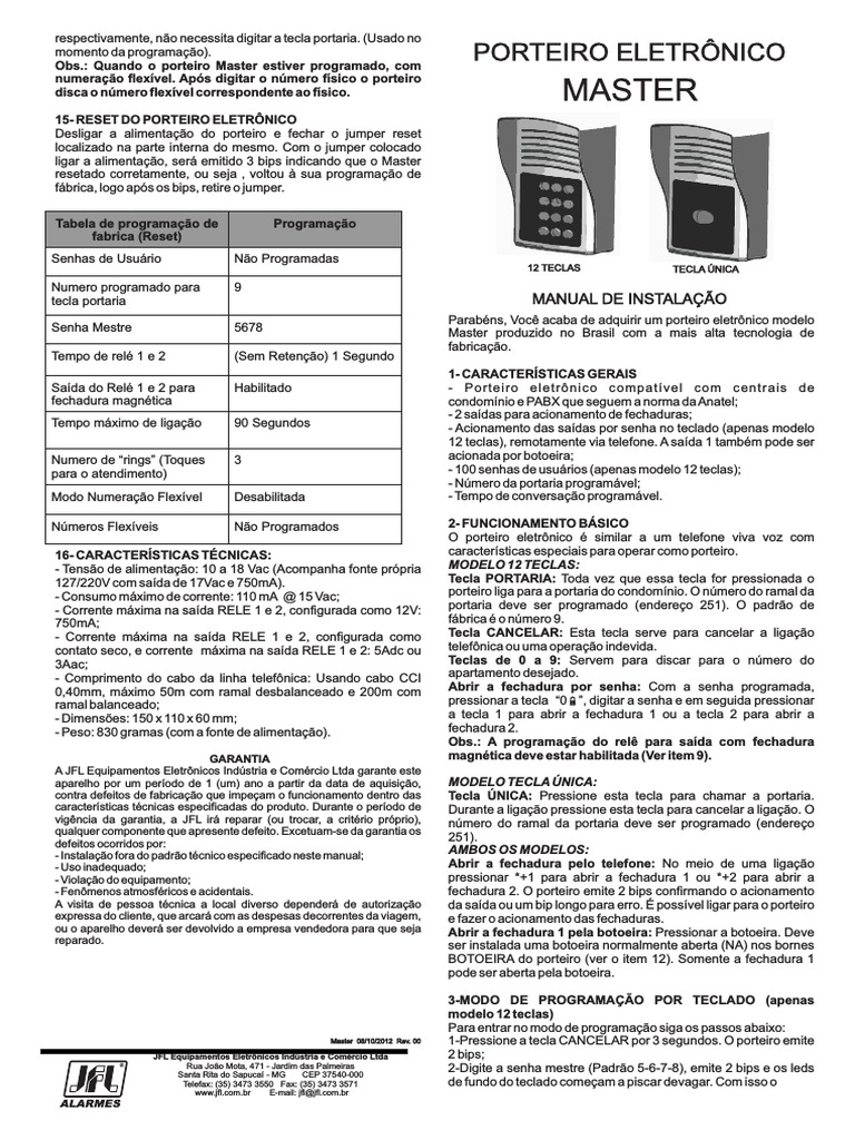 Manual Porteiro Eletronico JFL | PDF | Relé | Telefone