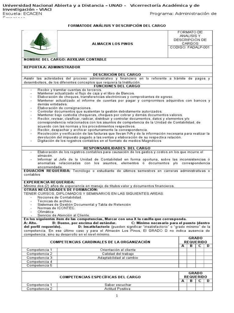 Formato Analisis y Descripcion de Cargos-Grados AuxContable | PDF | Contabilidad | Business