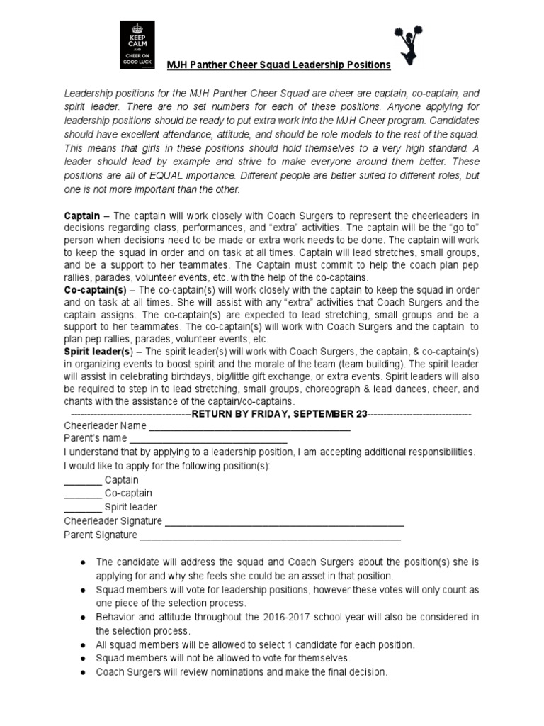 MJHPanther Cheer Squad Leadership Positions | PDF | Cheerleading ...