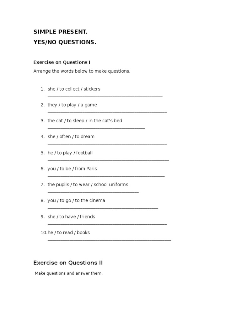 Simple Present. Yes/No Questions.: Exercise On Questions I | PDF