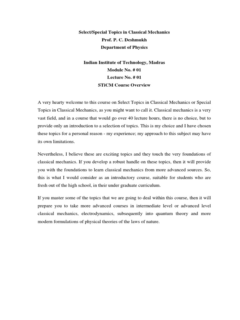 Select/Special Topics in Classical Mechanics Prof. P. C. Deshmukh Department of Physics | PDF ...