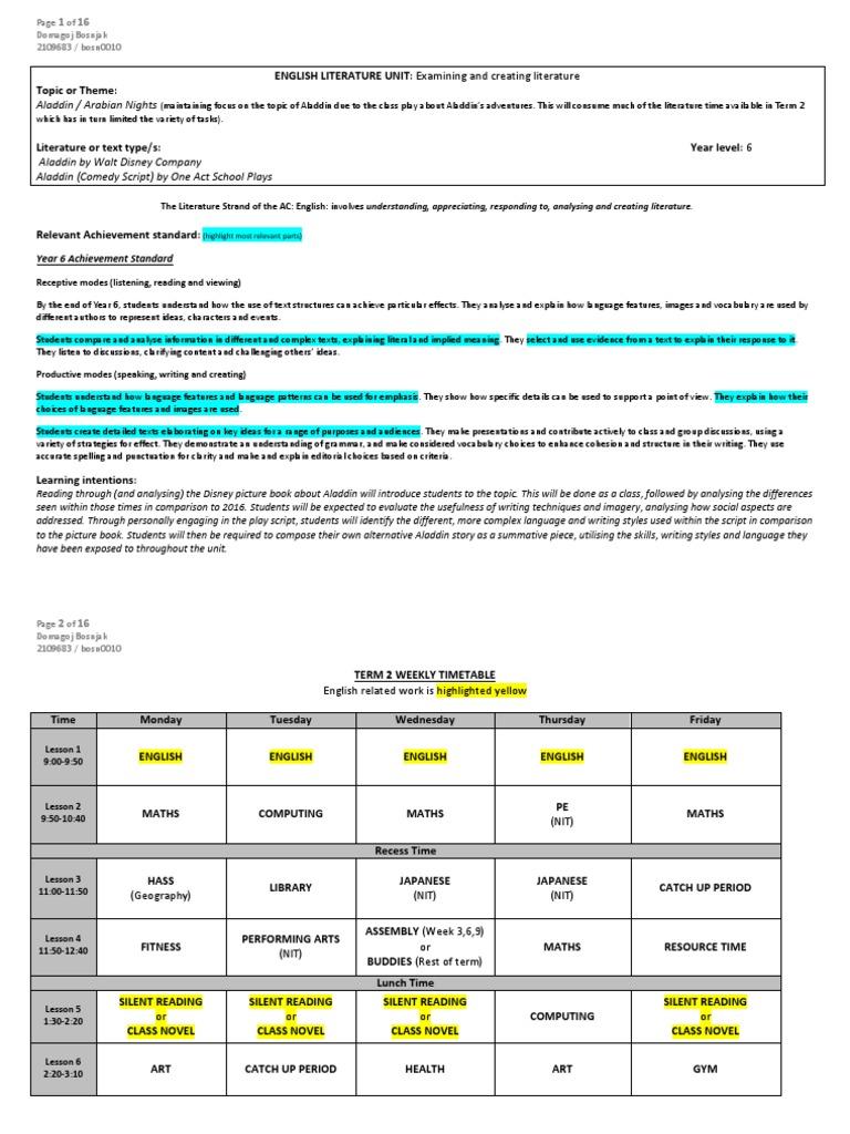 Year 6 Aladdin Literature Unit Plan | PDF | Reading Comprehension ...