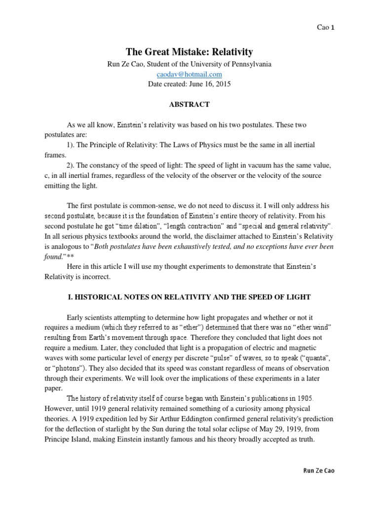 Run Ze Cao - The Great Mistake - Relativity | PDF | Speed Of Light ...