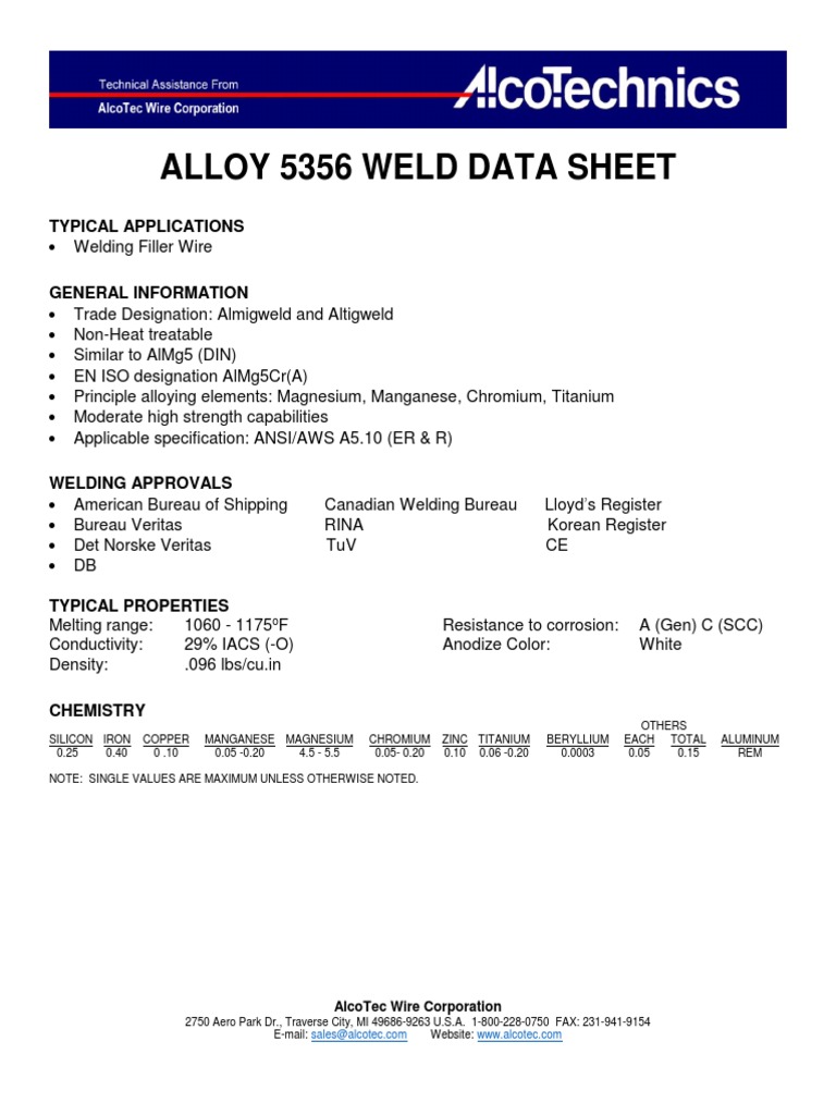 Alloy 5356 Welding Data Sheet | PDF | Alloy | Welding