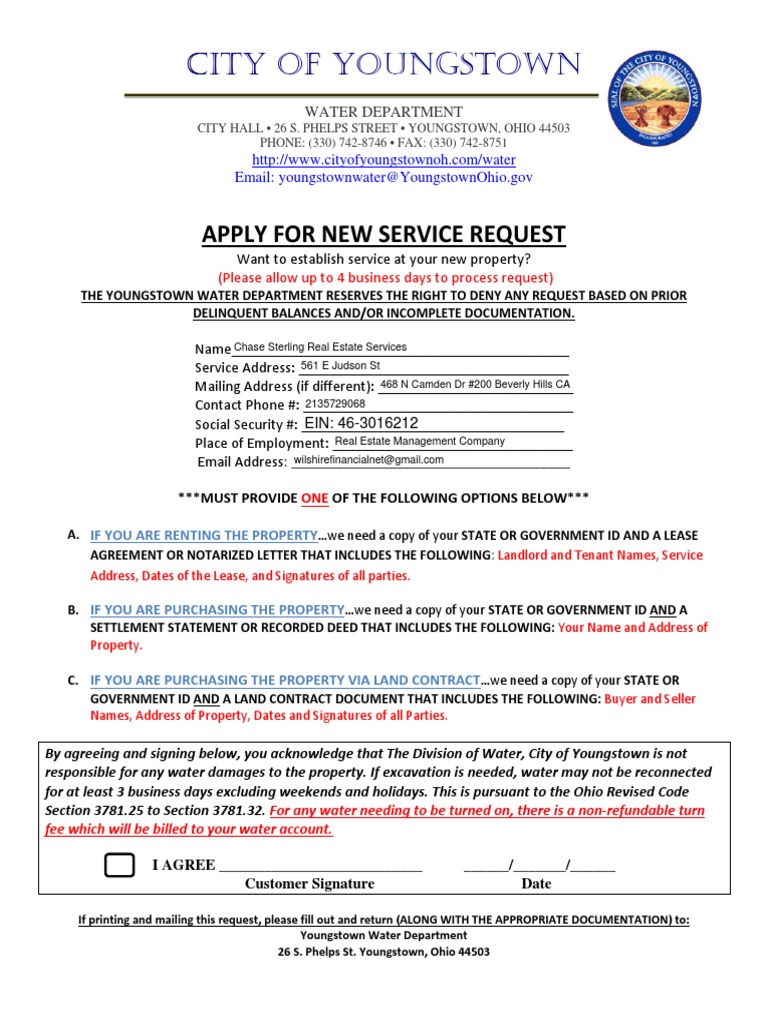Youngstown Water Service Application | PDF