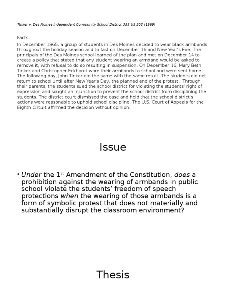 Tinker v. Des Moines Independent Community School District 393 US 503 ...