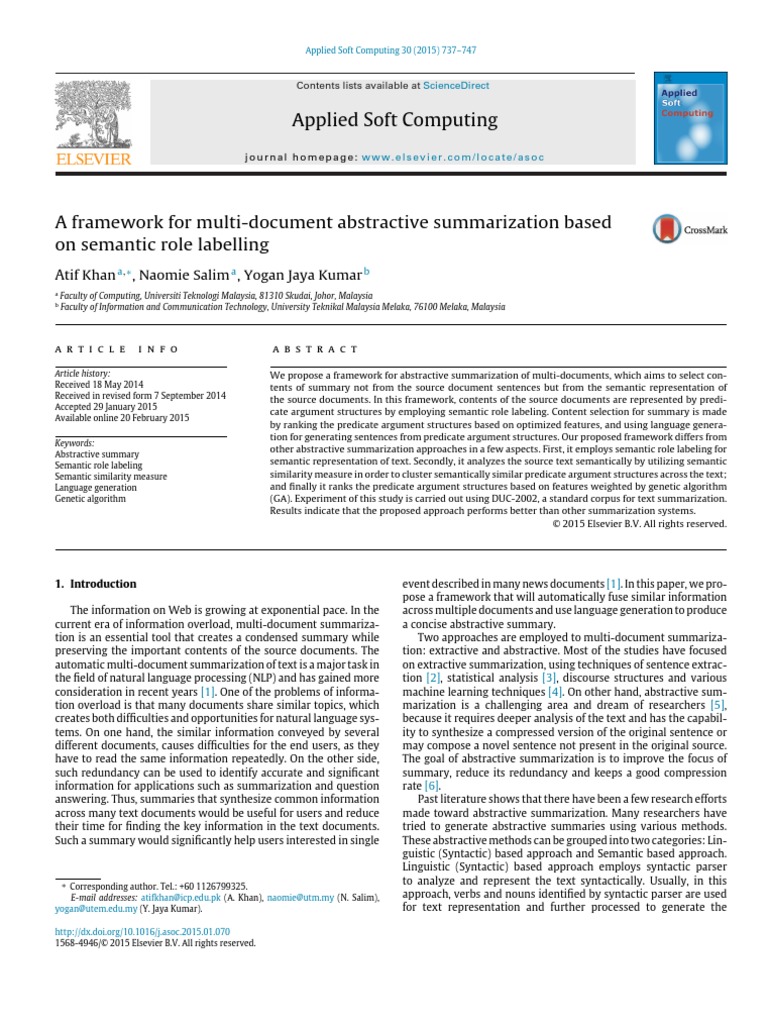 A Framework For Multi Document Abstractive Summarization Based On Semantic Role Labelling Pdf