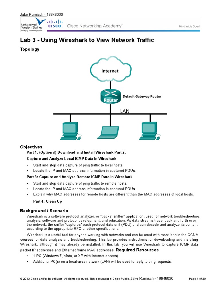 Lab 3 - Using Wireshark To View Network Traffic: Topology | PDF