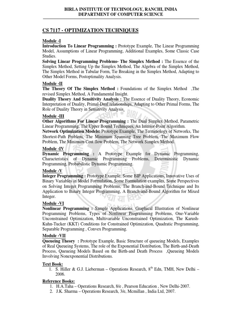 Optimisation Techniques Syllabus BIT Mesra PDF | PDF | Linear Programming | Mathematical ...