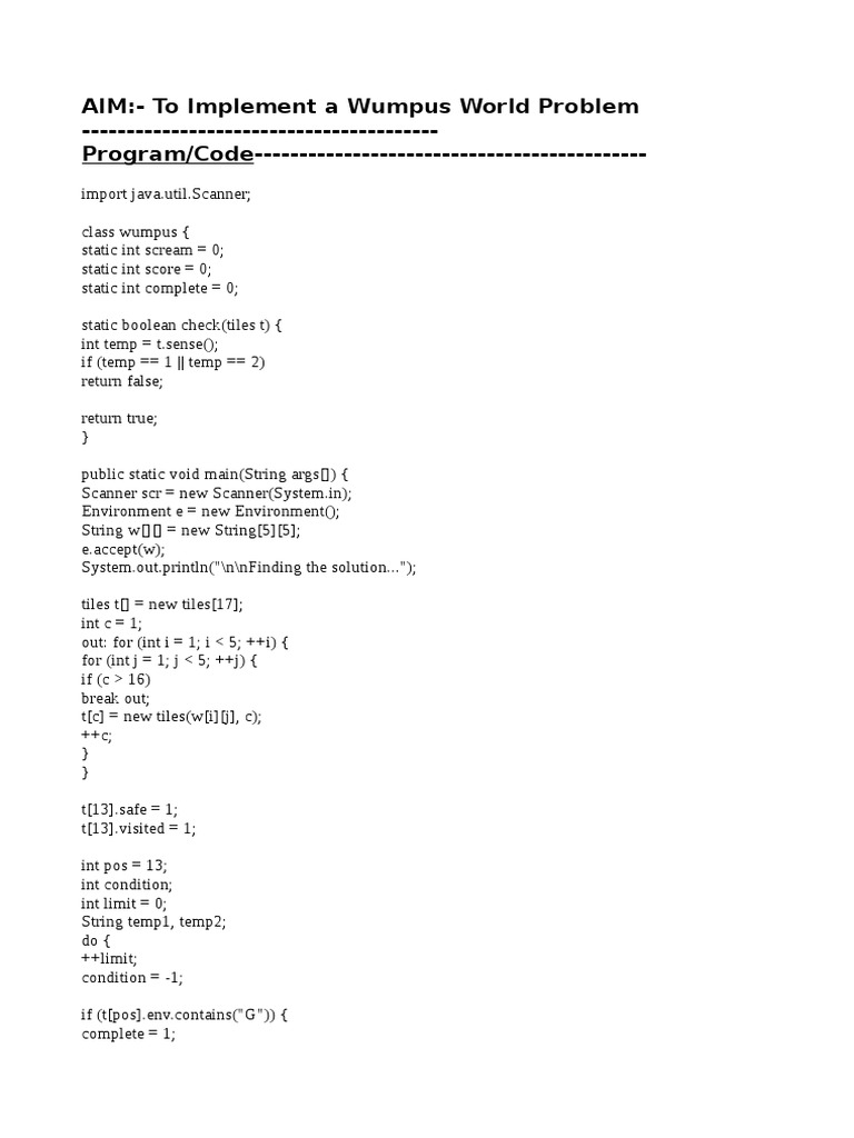 AIM:-To Implement A Wumpus World Problem - Program/Code | PDF | Computer Programming | Software ...