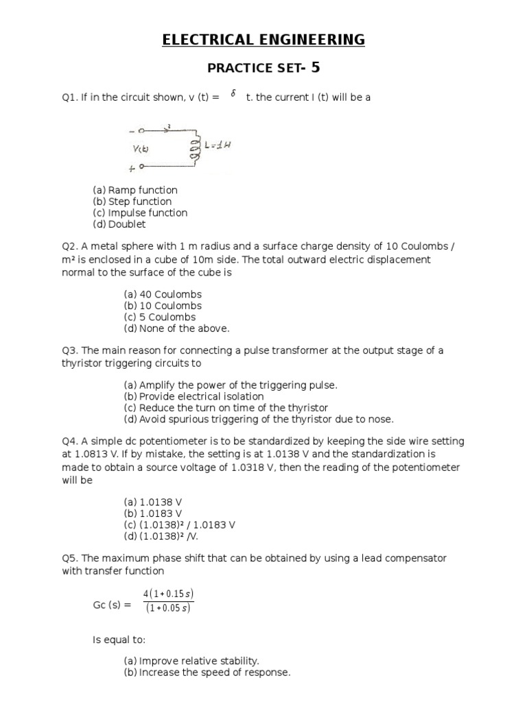 Electrical Engineering Practice Questions | PDF | Transformer | Force