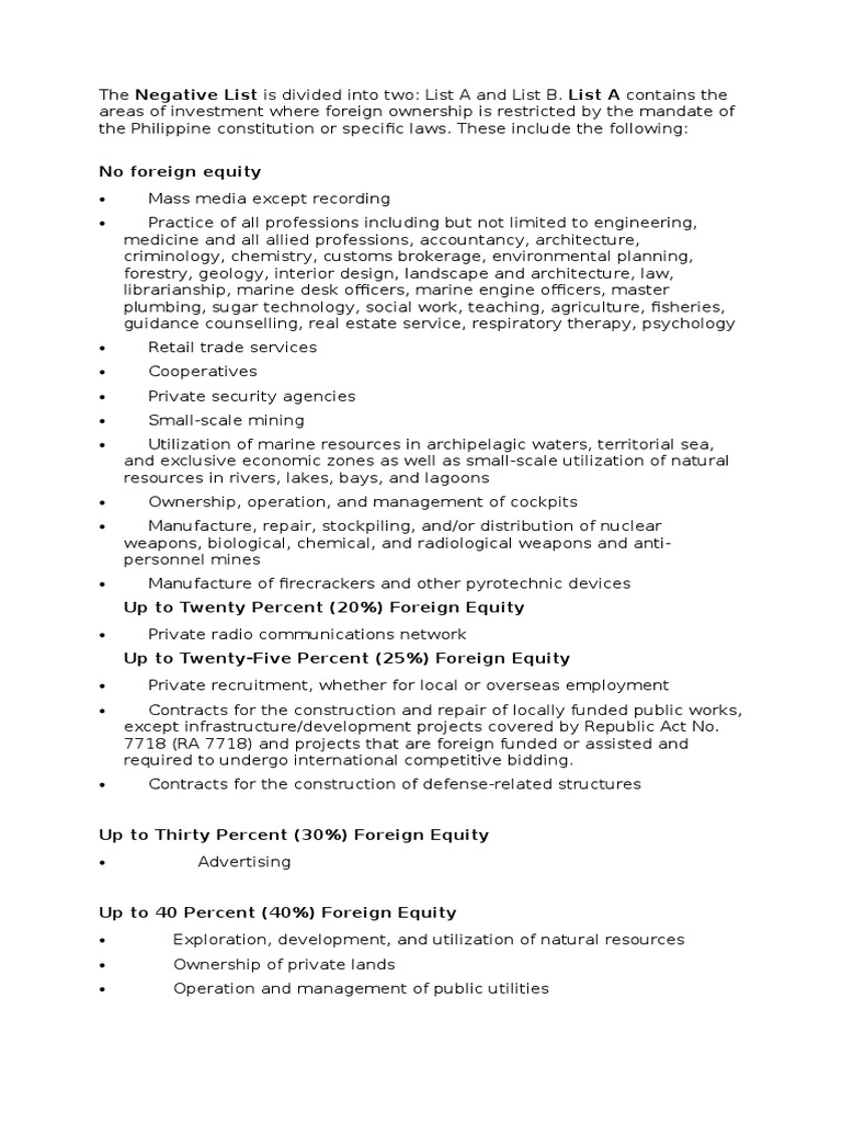 Foreign Investment Act Negative List | PDF | Ownership | Stocks