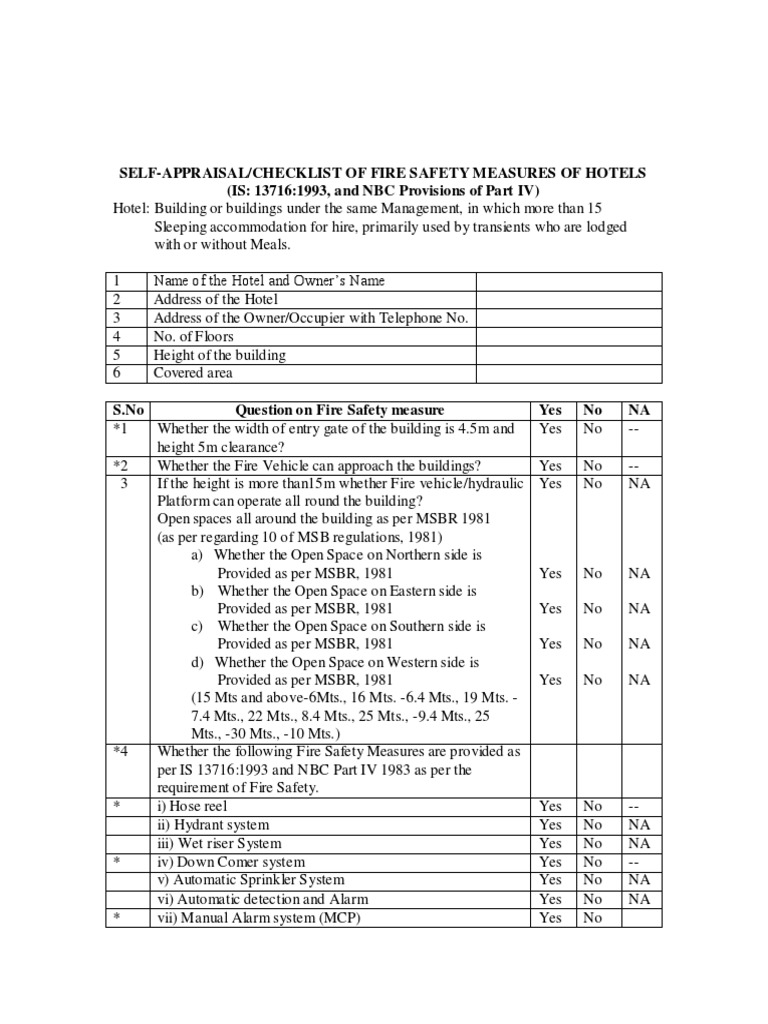 Checklist of Fire Safety Measures of Hotels | PDF | Firefighting ...