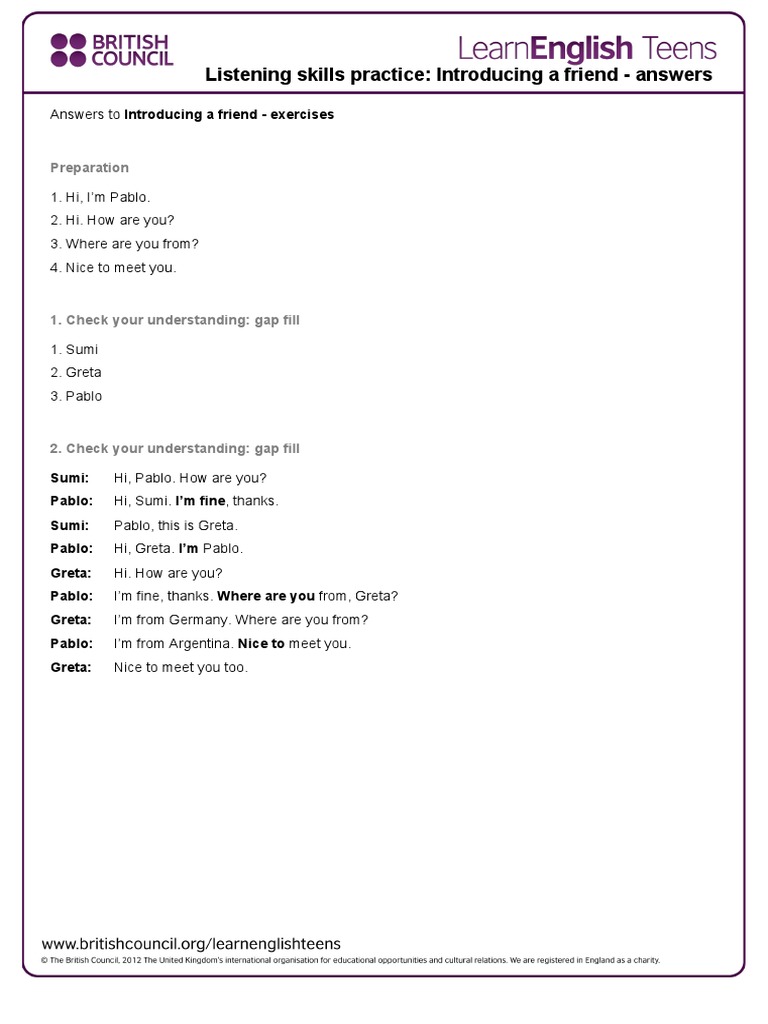 A1 Introducing A Friend - Answers 1 | PDF