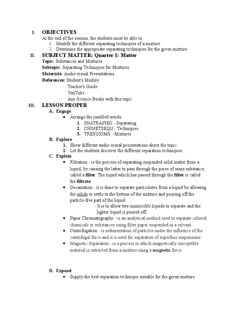 Lesson Plan: Separating Mixtures Techniques | PDF