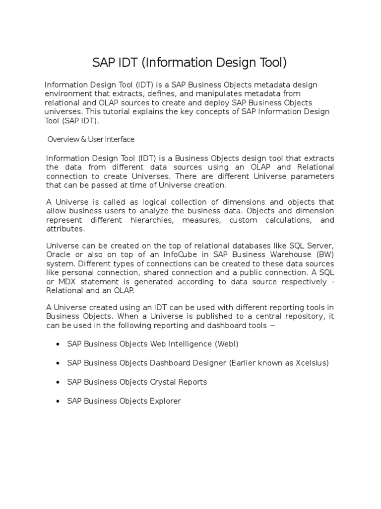 SAP IDT (Information Design Tool) : Overview & User Interface | PDF ...