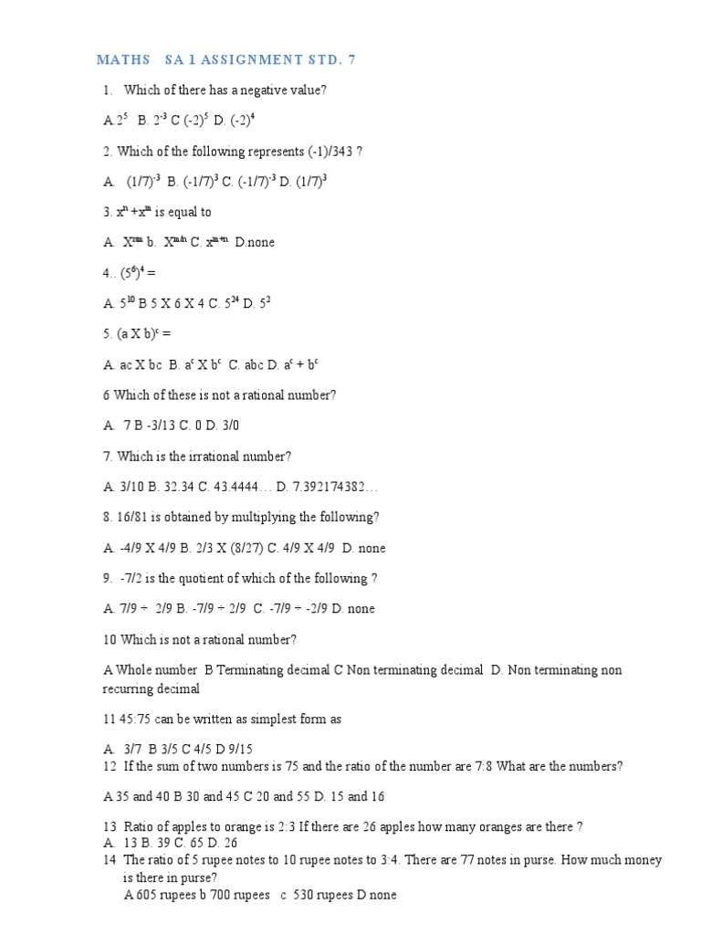 Maths Sa 1 Assignment Std. 7 | PDF | Ratio | Fraction (Mathematics)