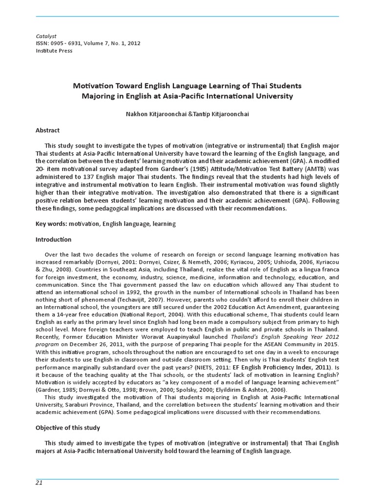 Thai Students' Motivation in English Learning | PDF | Motivation ...