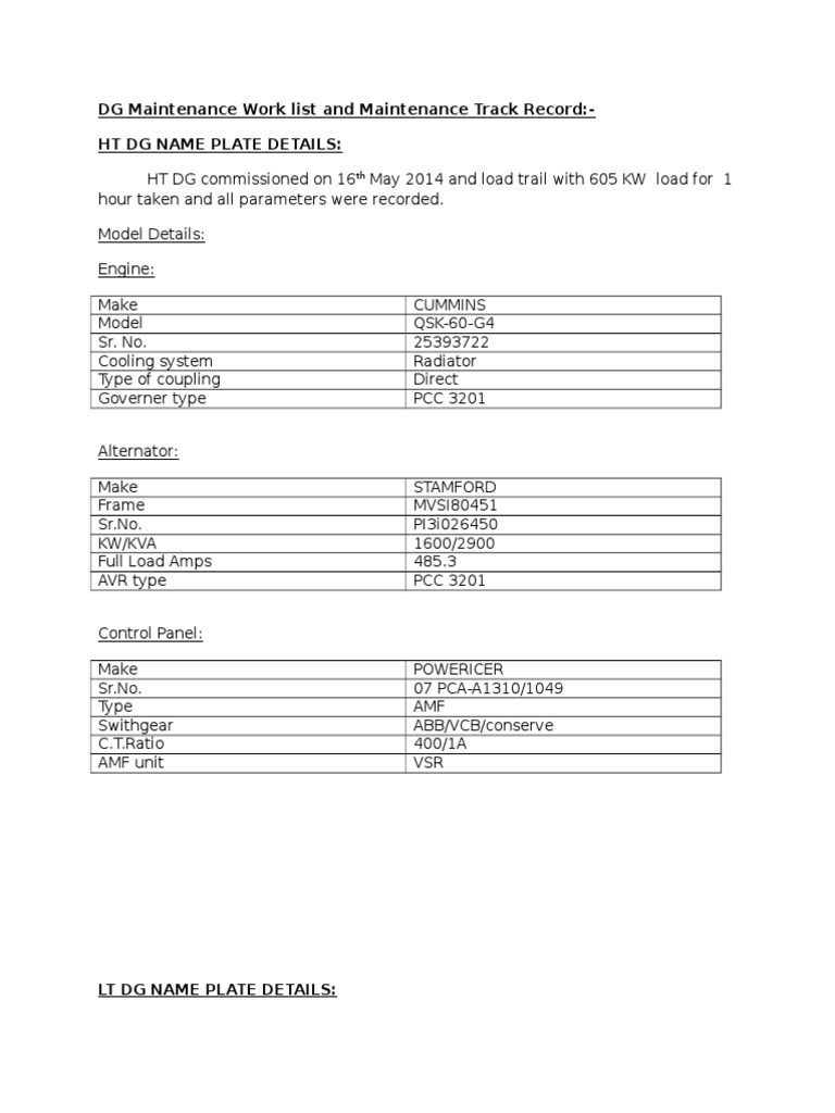 DG Maintenance Work List and Maintenance Track Record:-Ht DG Name Plate ...
