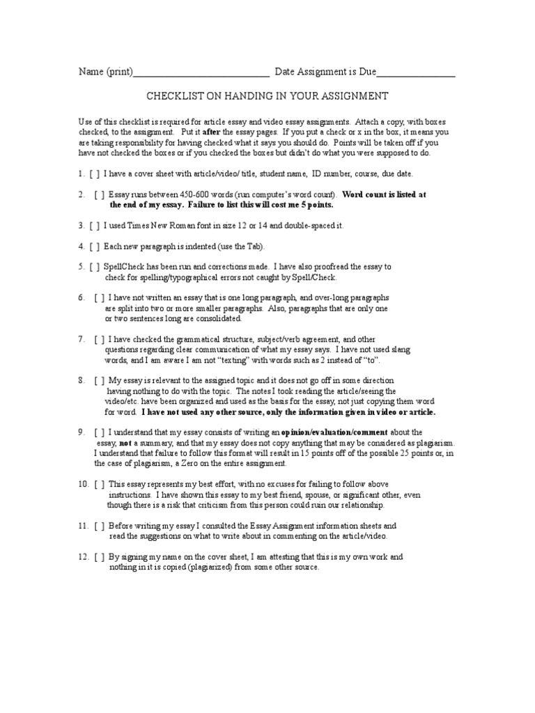 Checklist On Handing in Your Assignment, General Instructions | PDF ...