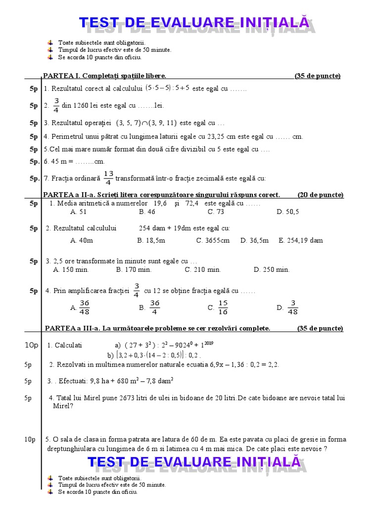 Test Initial Matematica Clasa A Via | PDF