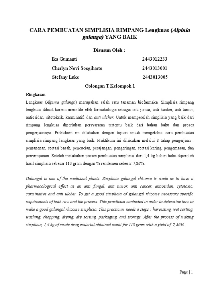 Pembuatan Simplisia Rimpang Lengkuas | PDF | Griya & Taman | Sains ...