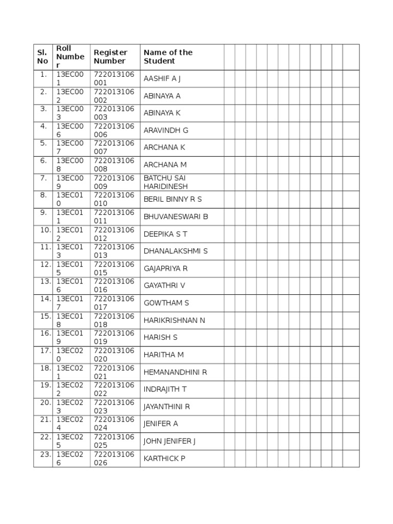 Sl. No Roll Numbe R Register Number Name of The Student | PDF