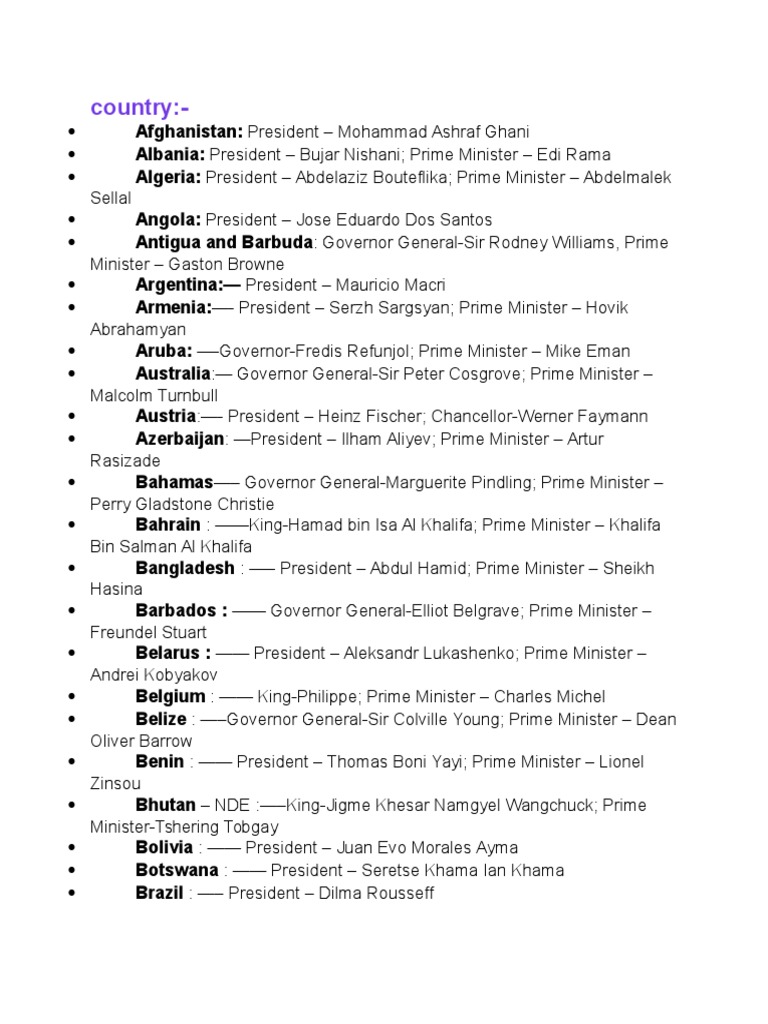 List of The Prime Minister & President of All Countries | PDF ...