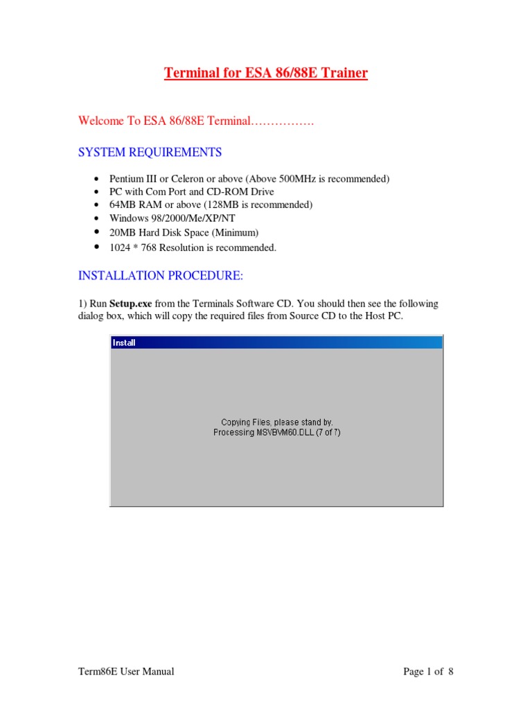 ESA 86/88E Terminal Installation Guide | PDF | Dialog Box | Microsoft Windows